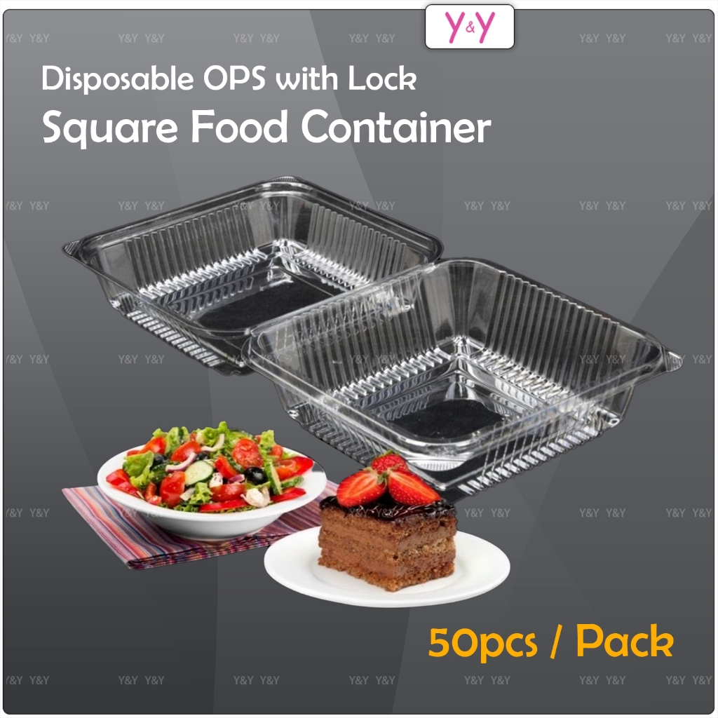 50pcs Disposable Square Cake OPS Container With Lock / Bakery Food Tray ...