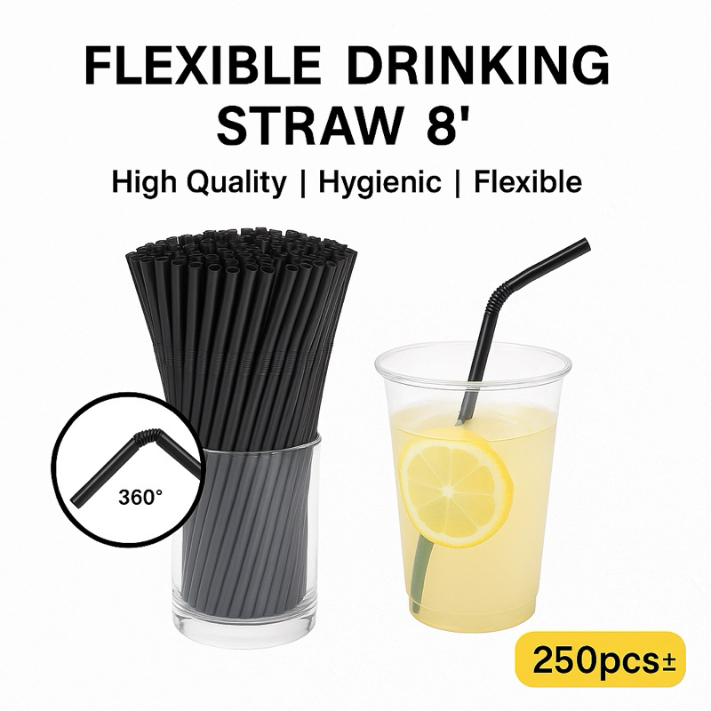 Flexible Drinking Straw 8" Black Disposable Plastic Straw 20cm Straw ...