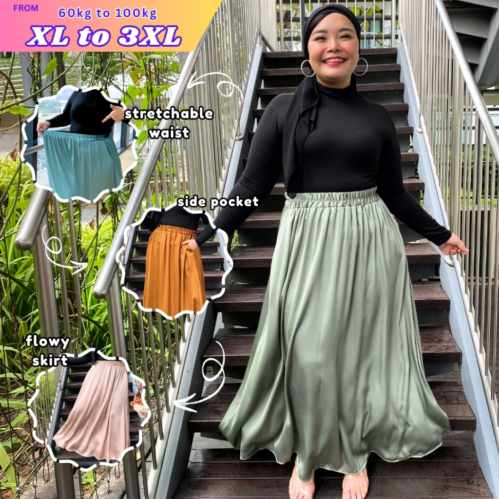 Plus Size (XL-3XL) Premium Satin Side Pocket Big A-Line Cutting Flowy ...