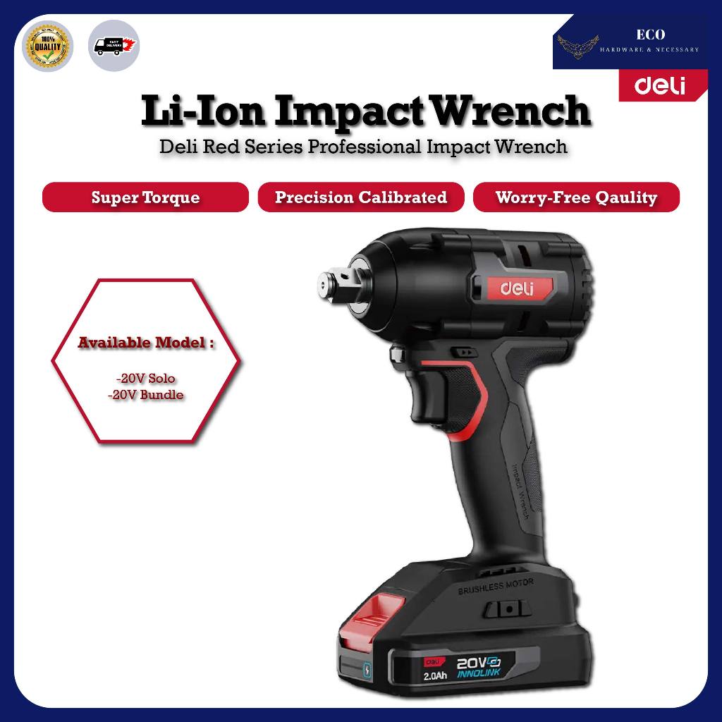DELI Power Tools DE-BS20-1/1D2 Cordless Li-ion Impact Wrench (20V/350Nm ...