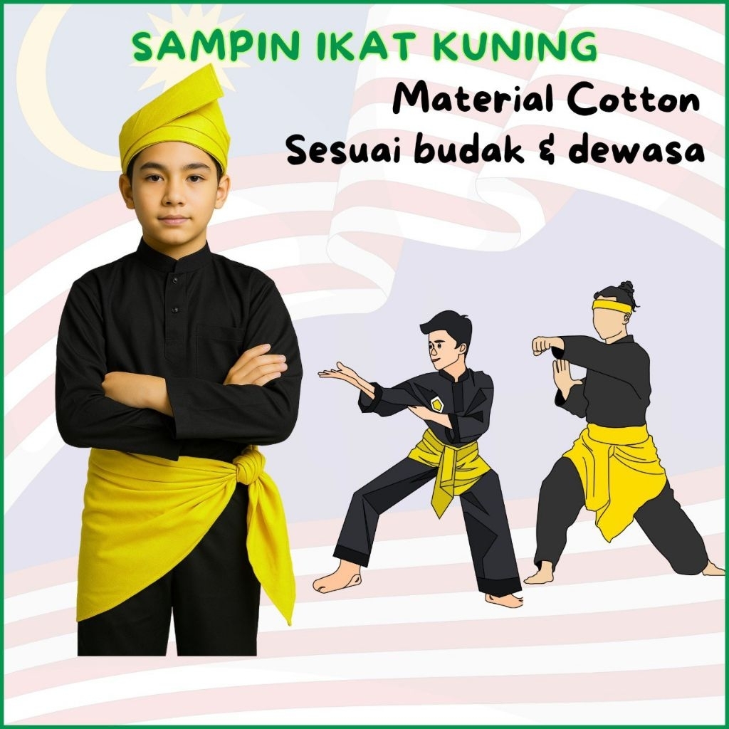 Sampin Ikat Yellow & Black Cotton Merdeka Silat Traditional Clothing ...