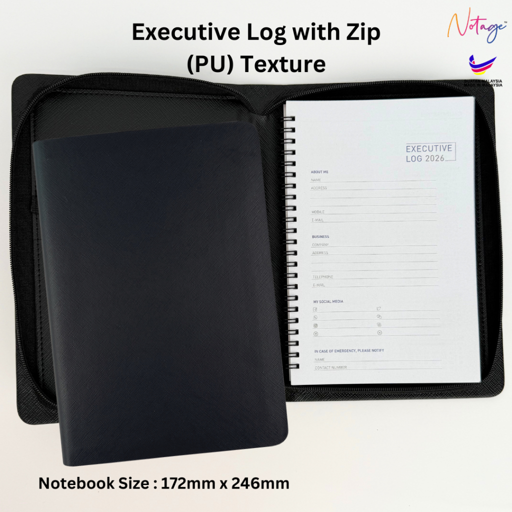 Executive Log Book PU Texture Notebook with Zip 2026 Inner Planner 144 ...