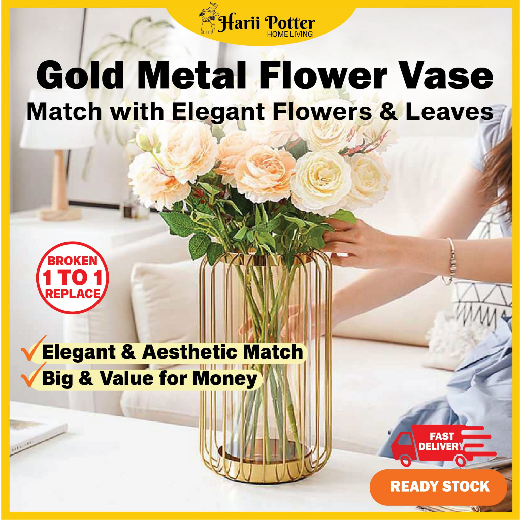 Metal Vase Gold Vase Flower Vase Artificial Flower Pasu Bunga Hiasan ...