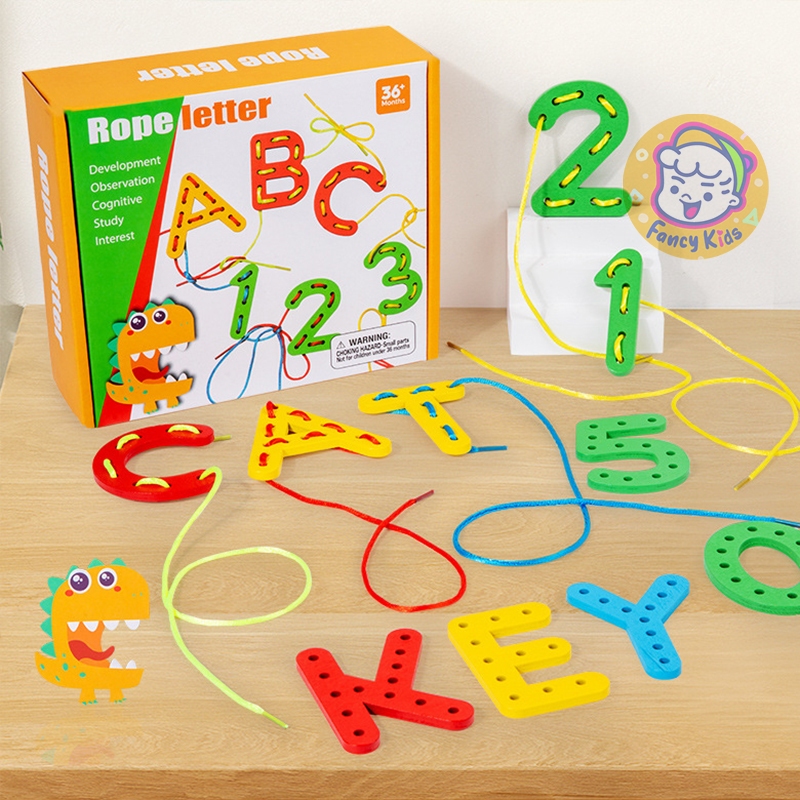 Wooden Alphabet & Number Lacing Toy for Kids/Montessori Threading Beads ...