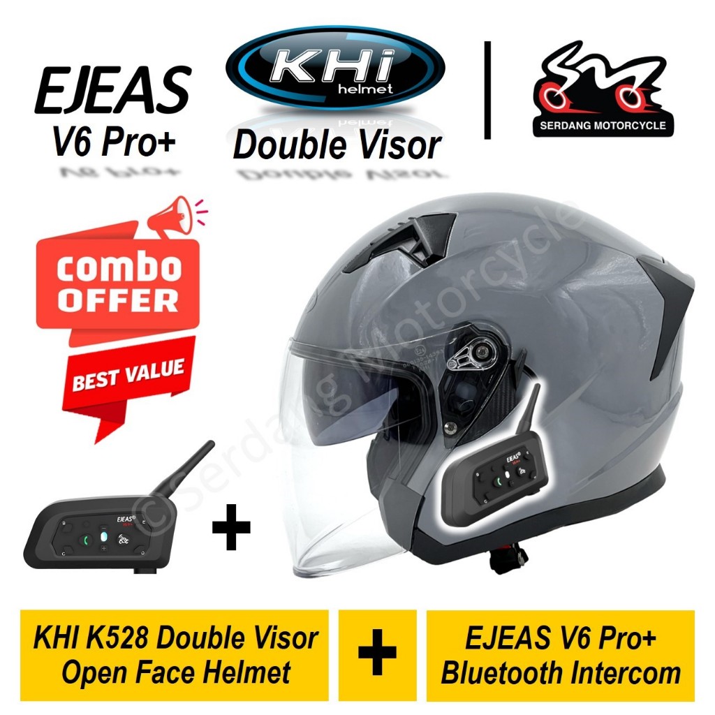 COMBO KHI K528 With Ejeas V6 PRO+ Helmet Siap Bluetooth Intercom Topi ...