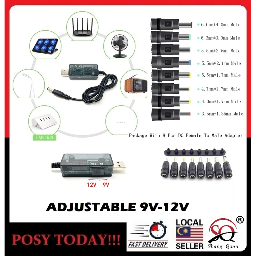 LOCAL USB 5V to DC9V 12V Power Boost Line Adapter USB to 8PCS DC-Adapter Connector Led | Shopee ...