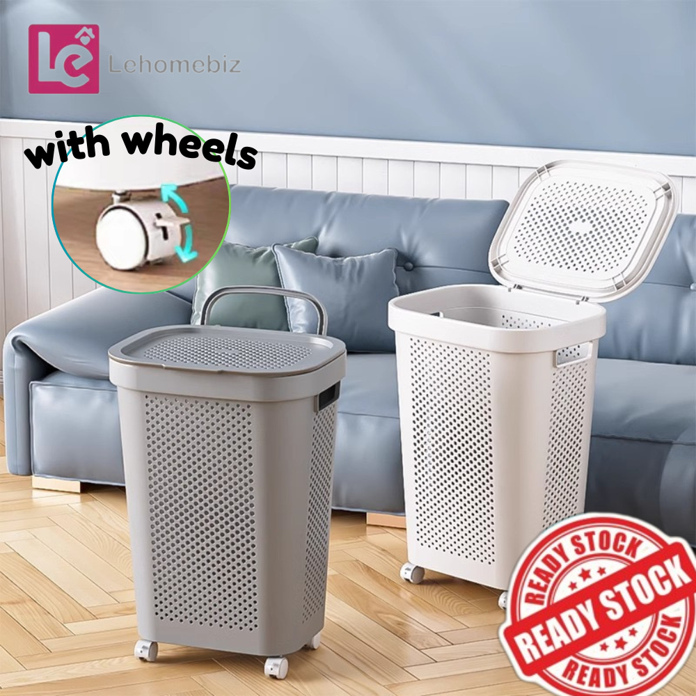 Clothes Storage Basket Plastic Laundry Basket with Lid Large Capacity ...
