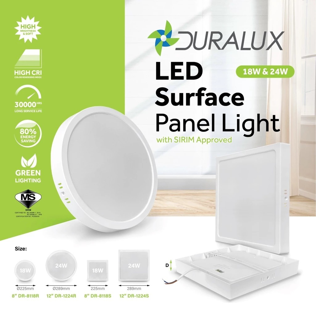 (Sirim) DURALUX 8" 18W/12" 24W Round/Square LED Surface Panel Light ...