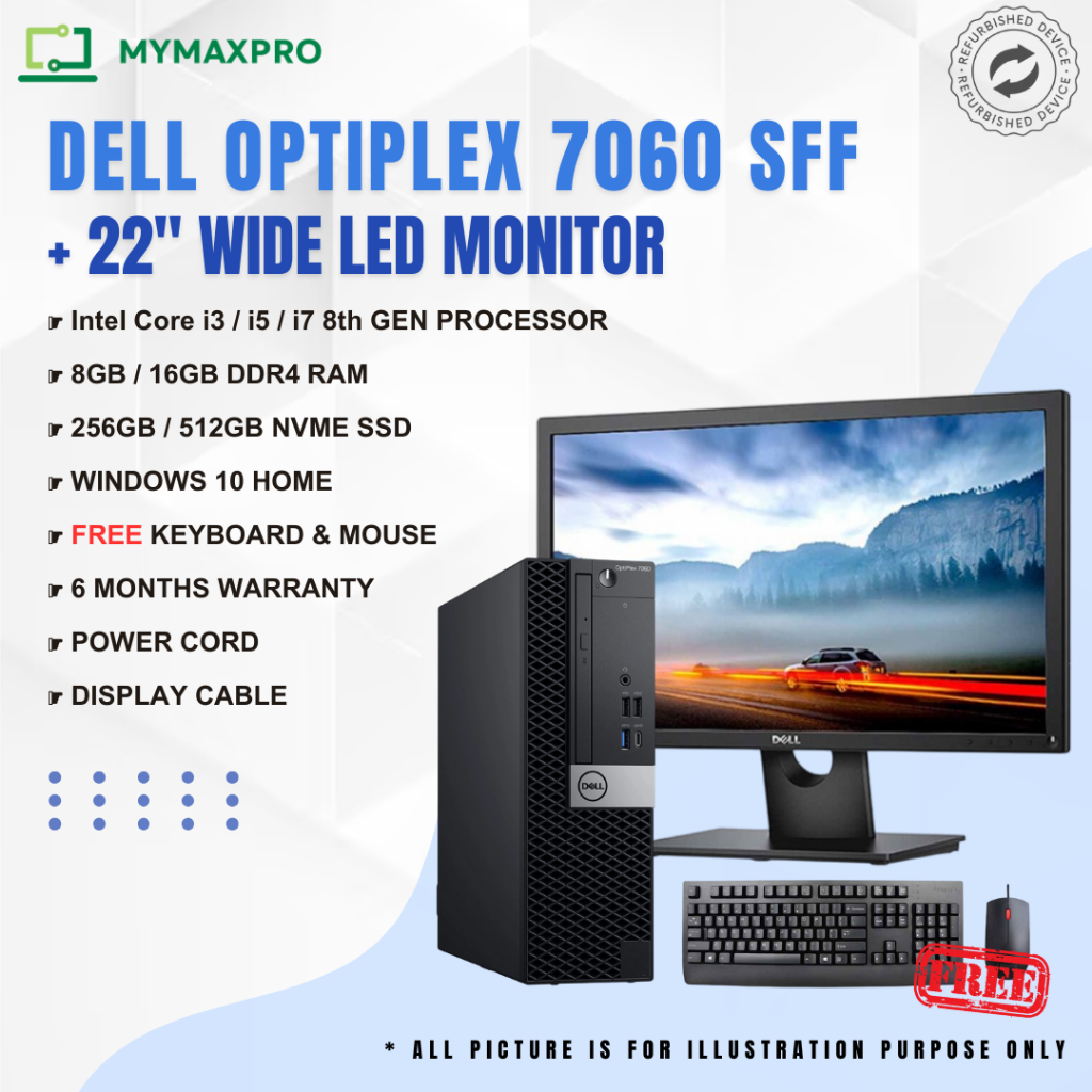 PC SET - 8th GEN PC DELL OPTIPLEX 7060 SFF + 22" WIDE MONITOR (Home Use ...