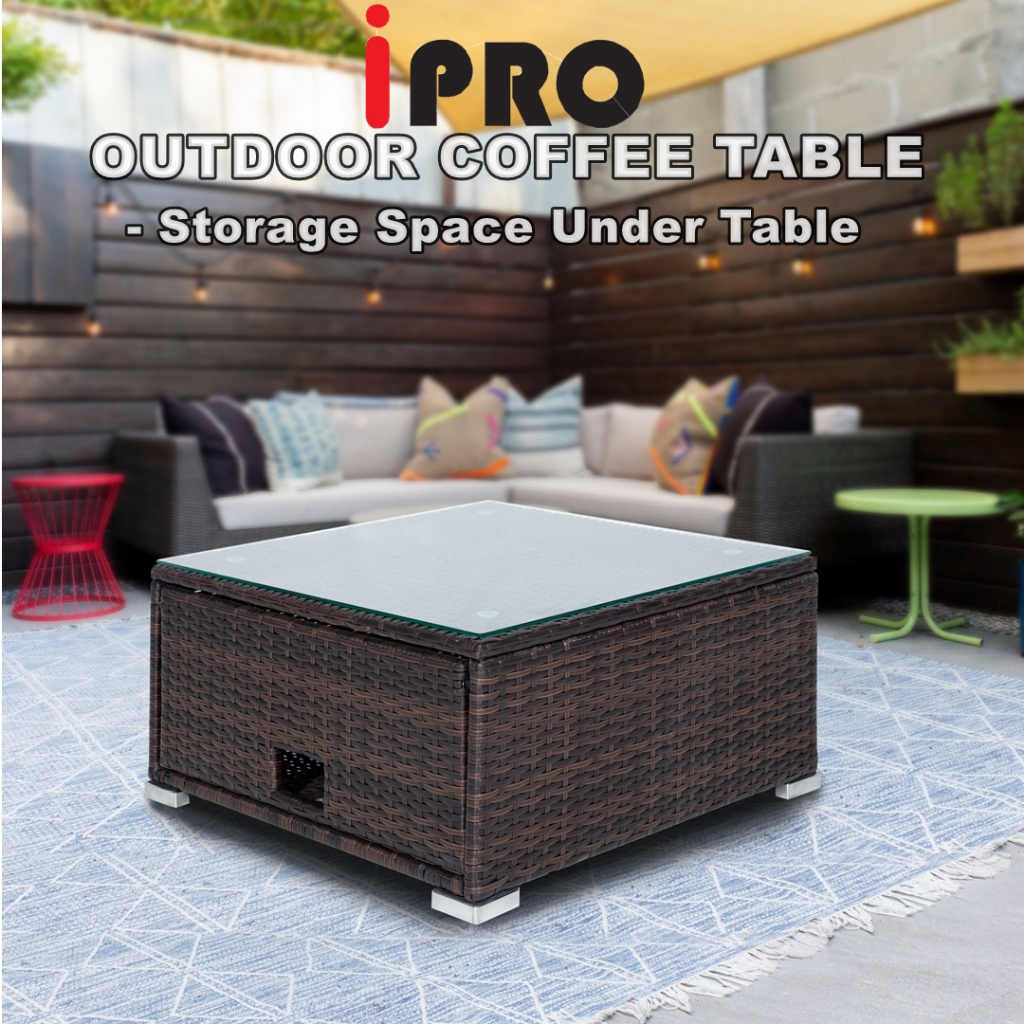 IPRO Outdoor Rattan Table Garden Table with Storage Rattan Coffee Table ...