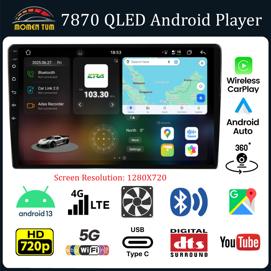 7870S QLED Car Android Player (1280*720, 9/10 Inch, Android 13, Carplay ...