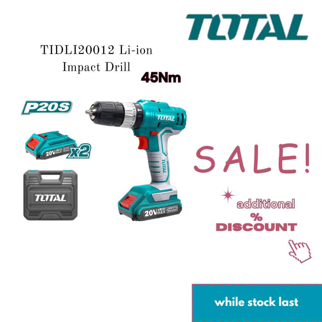 TOTAL P20s Lithium-ion Cordless Impact Drill TIDLI20012 (45Nm) | Shopee ...