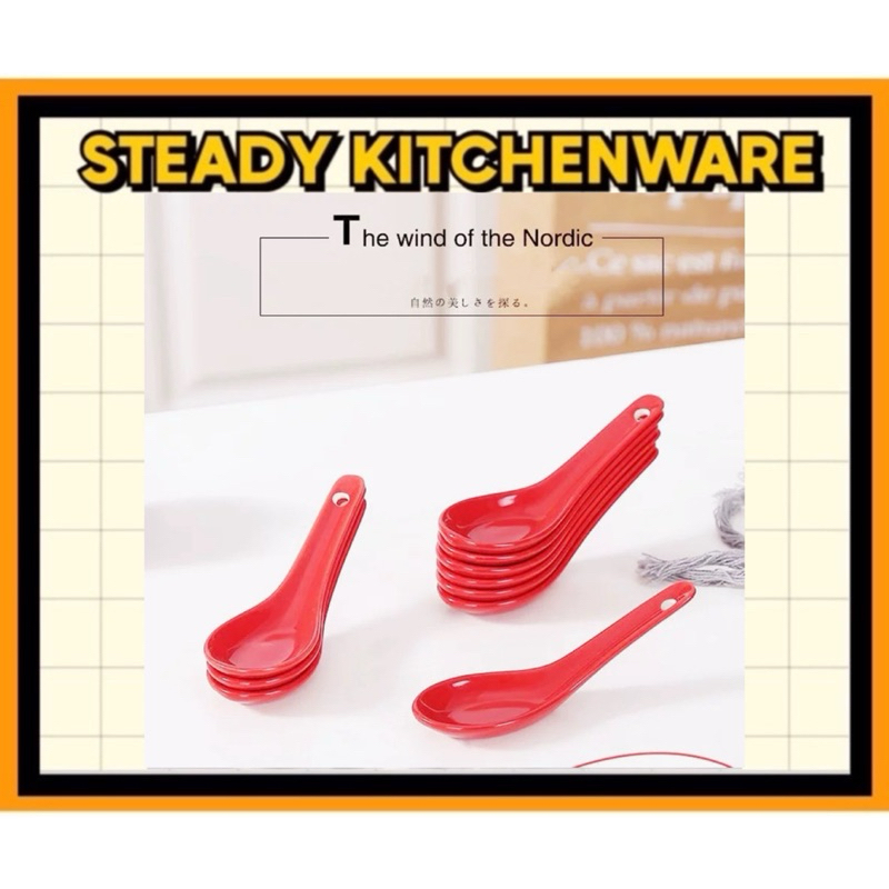 (6pcs)Red Colour Style Ceramic Rice Spoon Soup Spoon Dessert Spoon Sudu ...