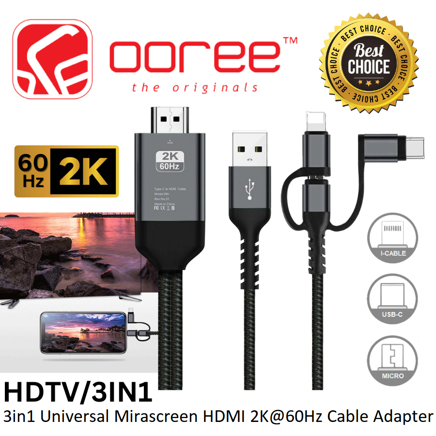 3IN1 UNIVERSAL MIRASCREEN HDMI 2K@60Hz ADAPTER I-CABLE/ANDROID/TYPE-C ...