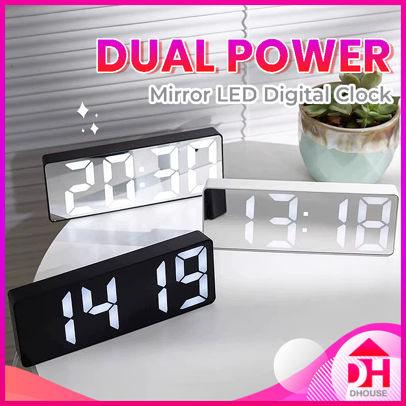 Dual Power Mode Mirror LED Digital Clock Adjustable Brightness Bedside ...