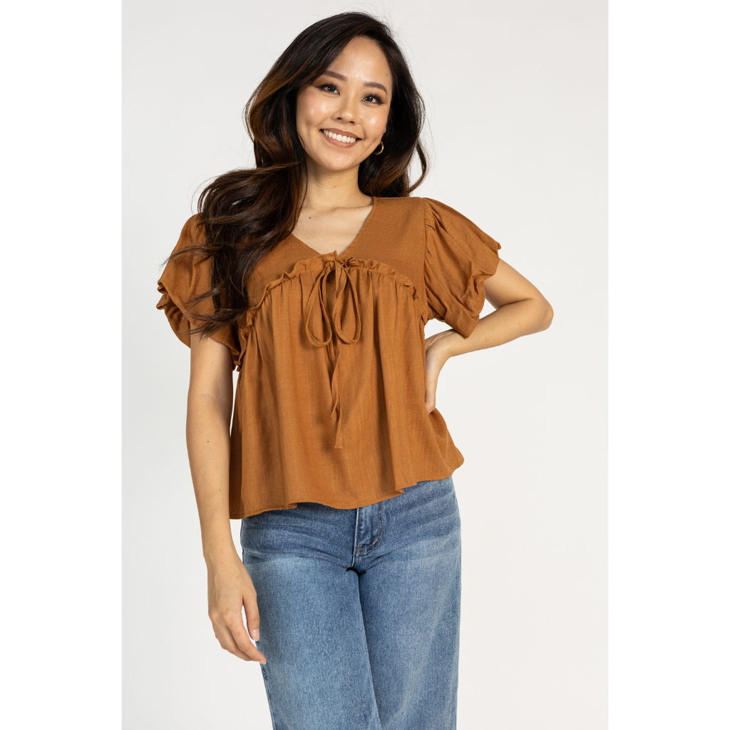 Linen Ruffle Puff Sleeve Top | Shopee Singapore