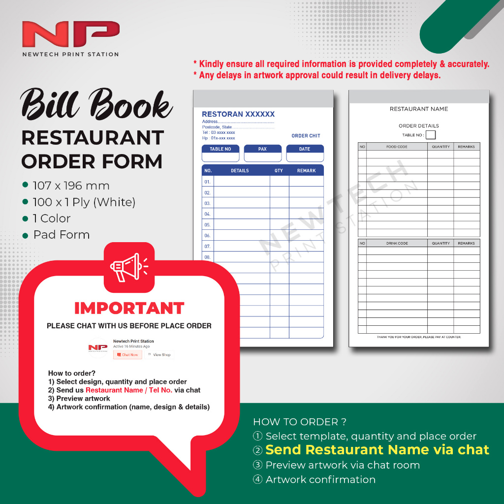 Order Chit / Restaurant Order Form / Kertas Menu Restoran / Bill Book ...