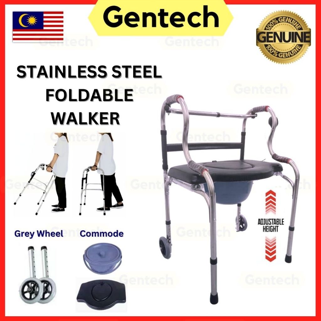 Foldable Walker with Stainless Steel Walking Aid Grey Wheel Adjustable ...