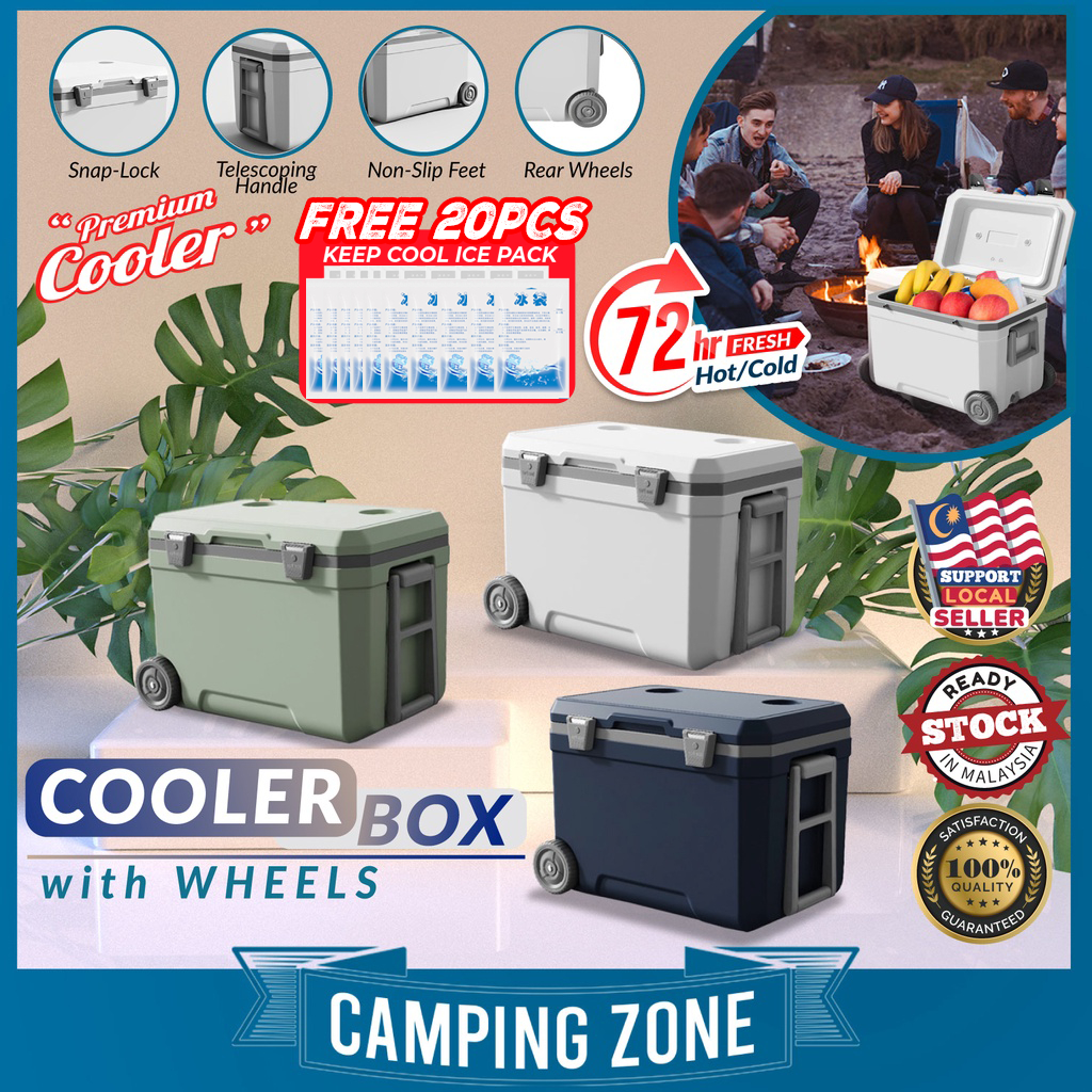 45L Cooler Box with Wheel Roller Portable Outdoor Food Storage Camping ...