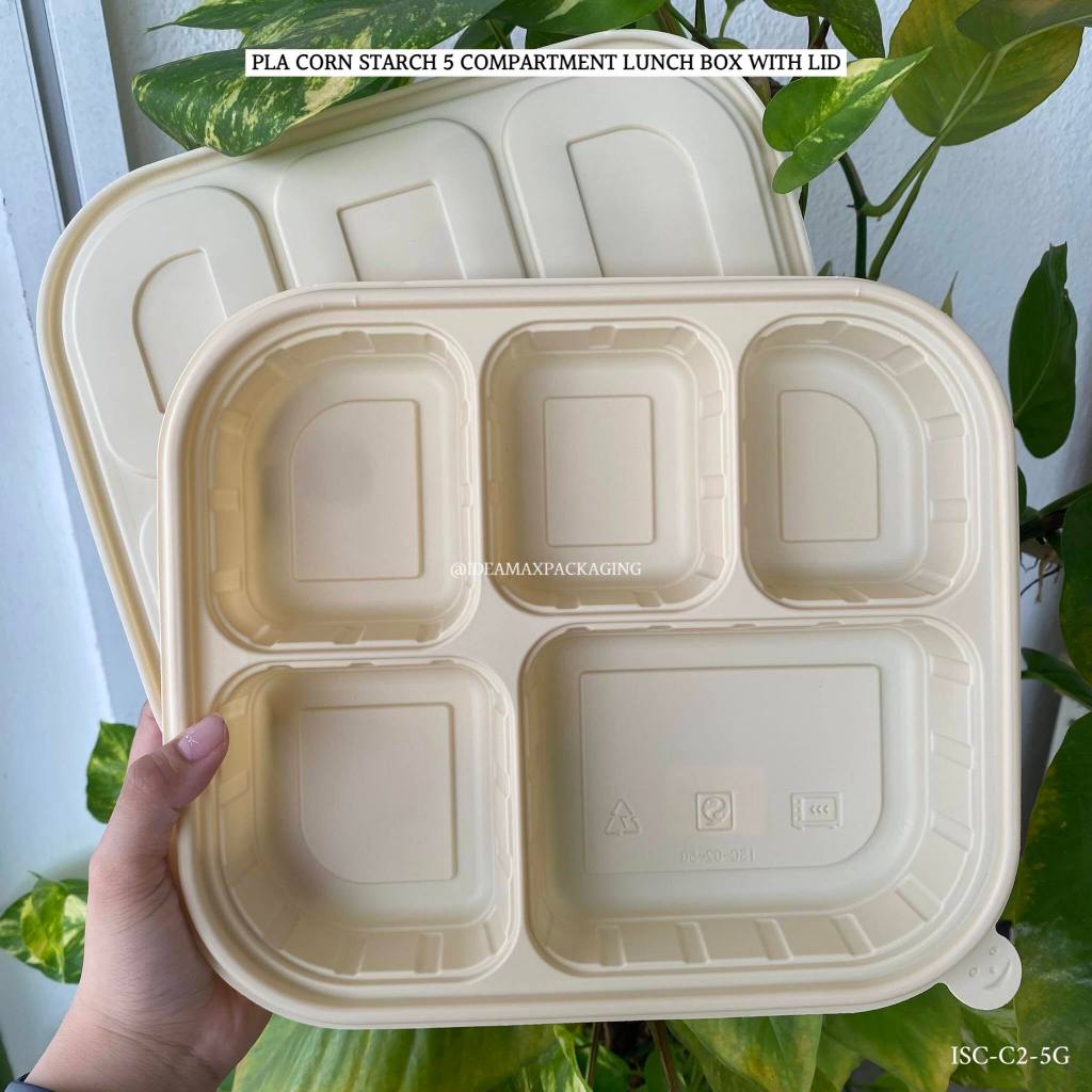 PLA Corn Starch 5 Compartment Lunch Box with cover (50pcs+/-) | Shopee ...