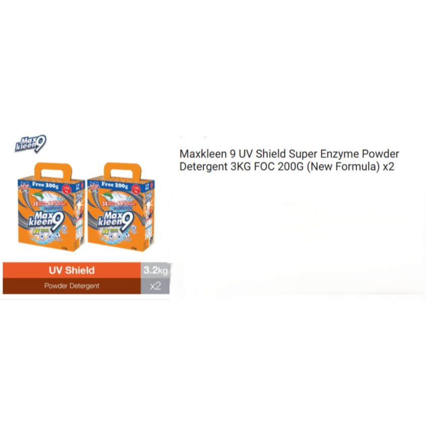 Maxkleen 9 UV Shield Super Enzyme Powder Detergent 3KG FOC 200G (New ...