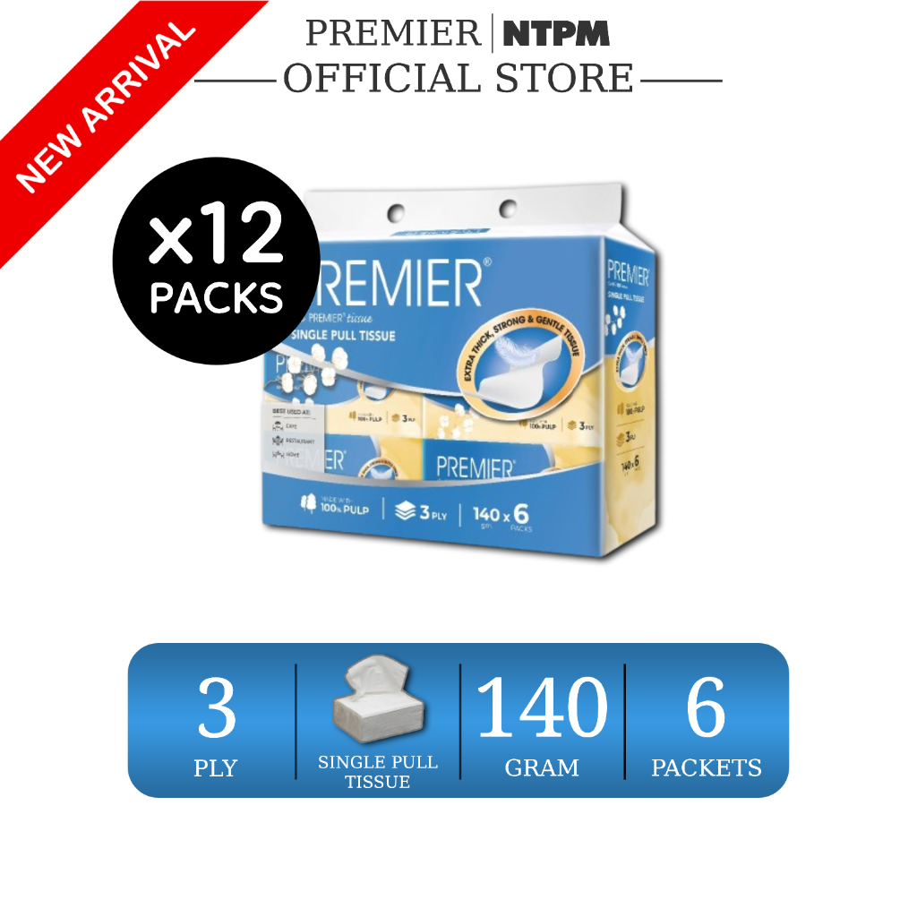 Premier Single Pull Tissue (SPT) 3 PLY (140 Gram x 6 Packets) x 12 ...