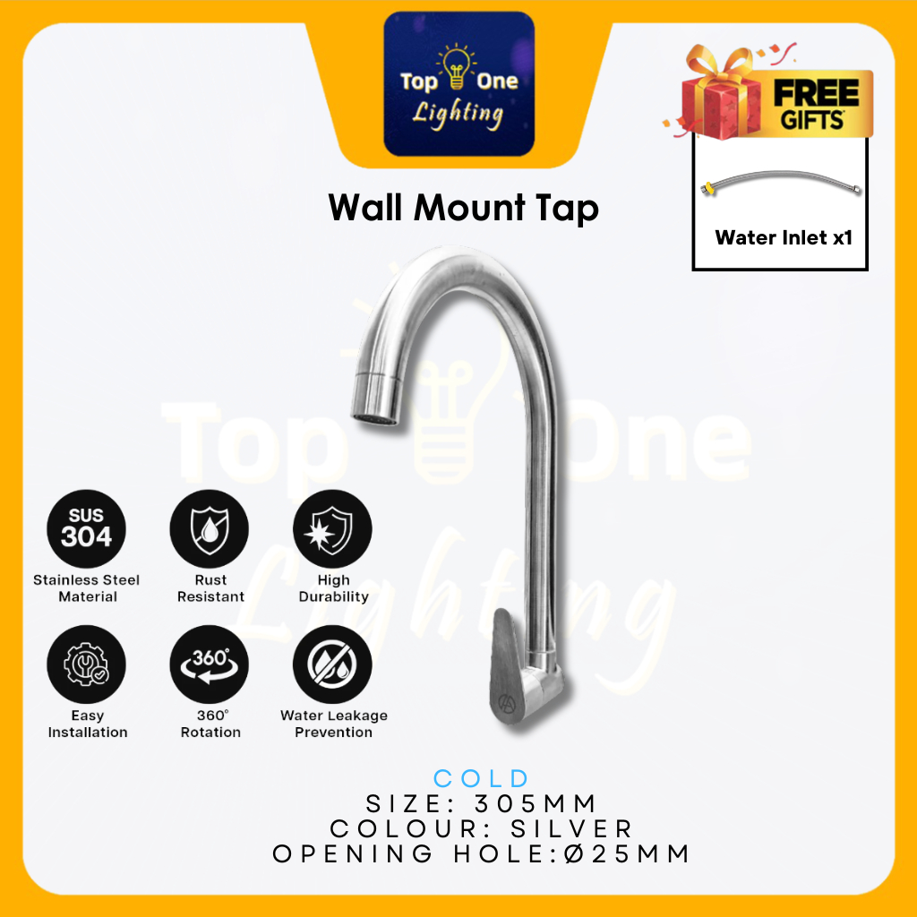 Stainless Steel SUS304 Wall Mount Kitchen Water Tap Sliver Cold Water ...