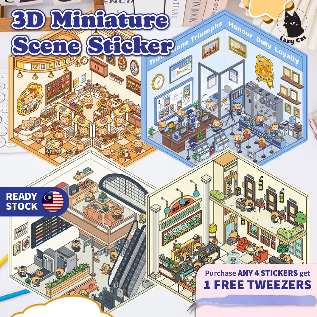 Lazy Cat 3D Miniature Scenes Sticker DIY Cute Cartoon Journal Korean ...