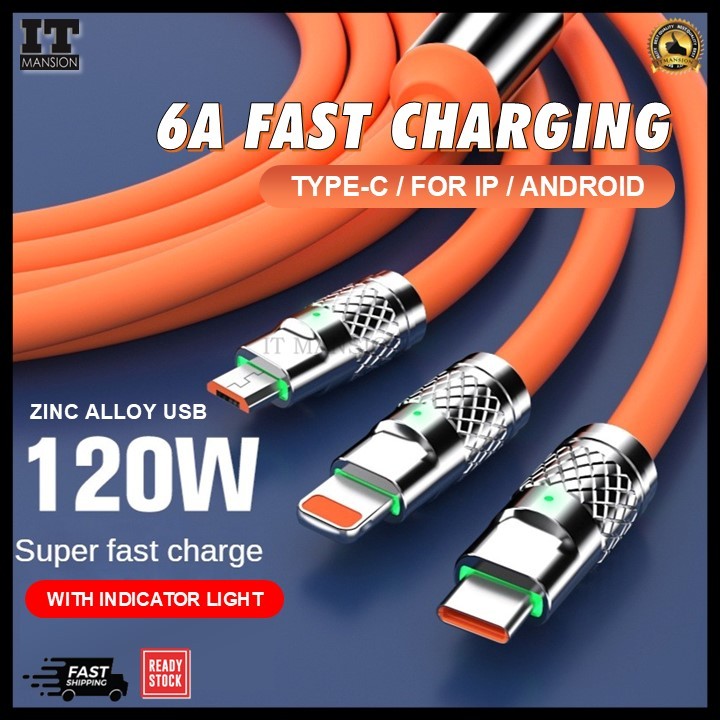 120W 6A 3 in 1 Fast Charging Cable Zinc Alloy Charging Cable Fast ...