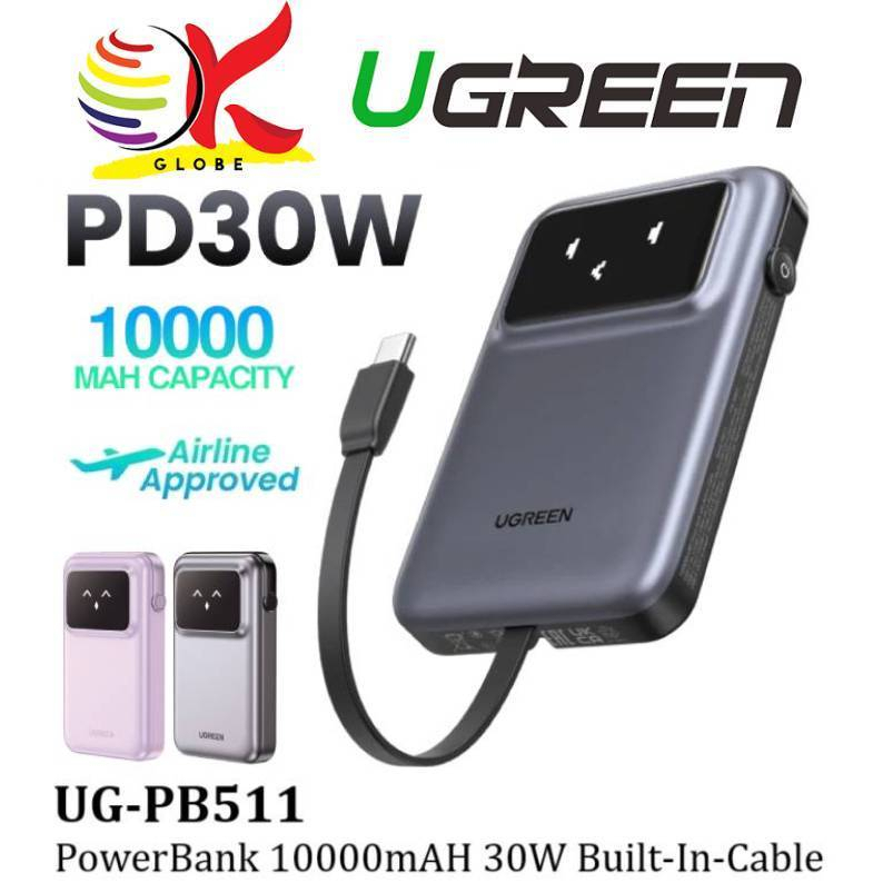 UGREEN PB511 UNO POWER BANK 10000MAH BUILT-IN CABLE USB-C CABLE 30W ...