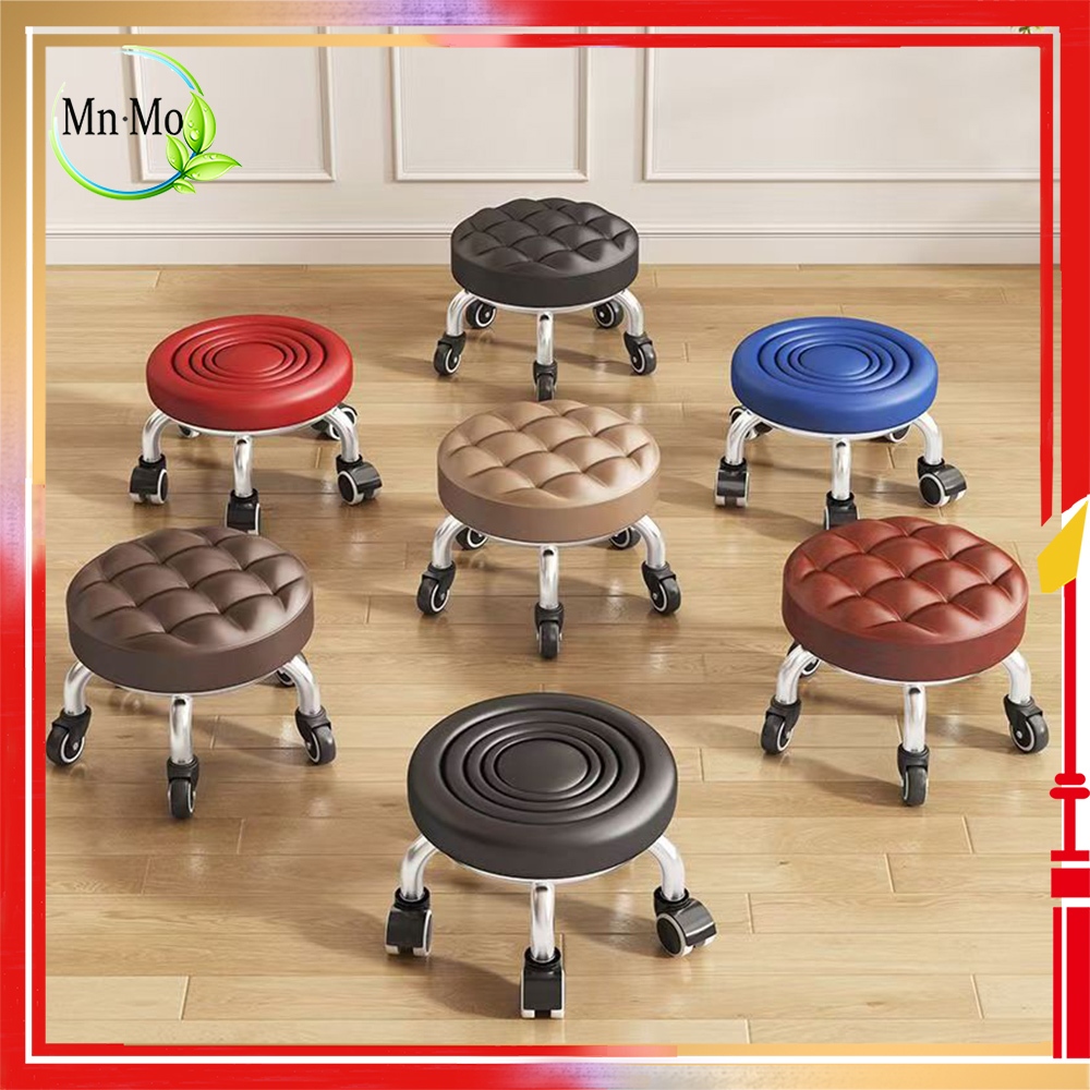 Heavy Duty 300KG Small Chair Round Stool With Wheels PU Leather Bangku ...