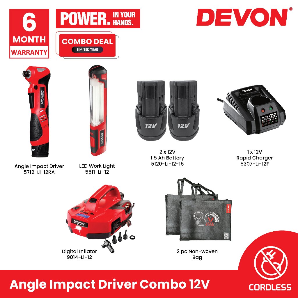 DEVON 5712-Li-12RA 12V Cordless Angle Impact Driver Combo [ Free ...