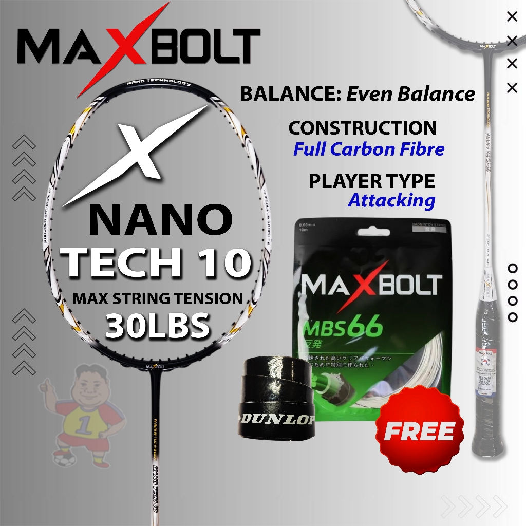 Maxbolt Badminton Racket Nano Tech 10 Max Tension 30 lbs (Free String+Grip) | Shopee Singapore