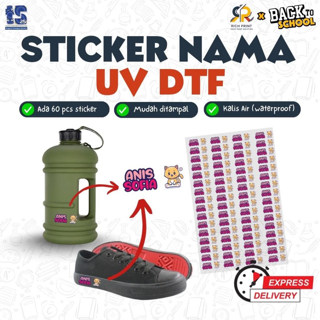 Sticker Cartoon UV DTF waterproof, STICKER NAMA SEKOLAH. Sticker kasut ...