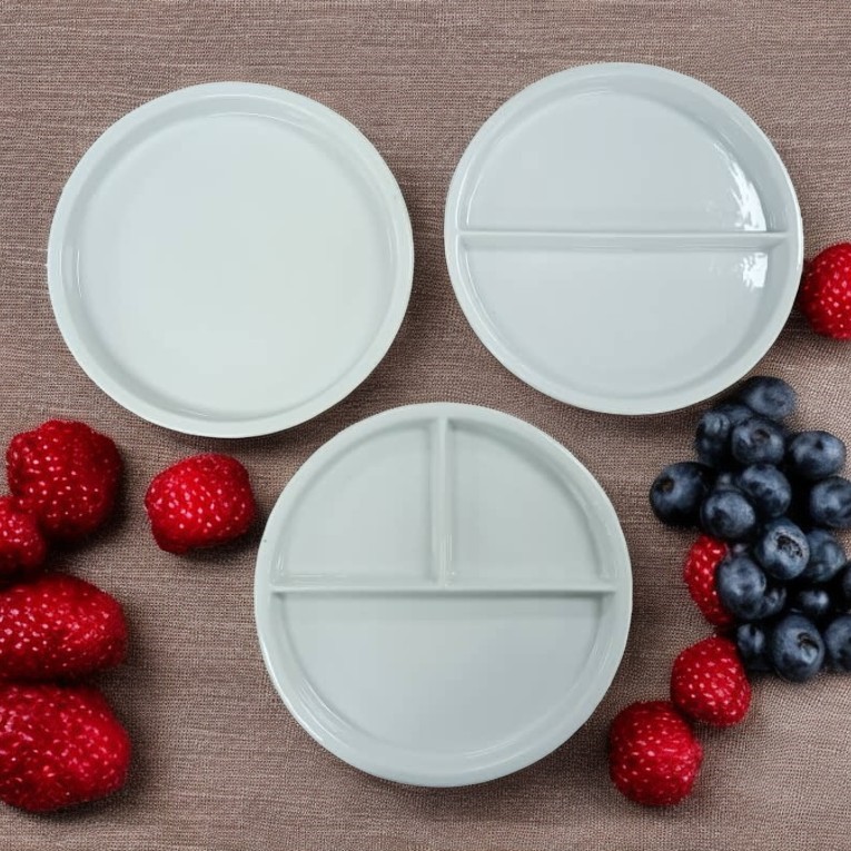 9IN Round Plate High Edge 2/3 Compartment Porcelain,Pinggan Diet Suku ...