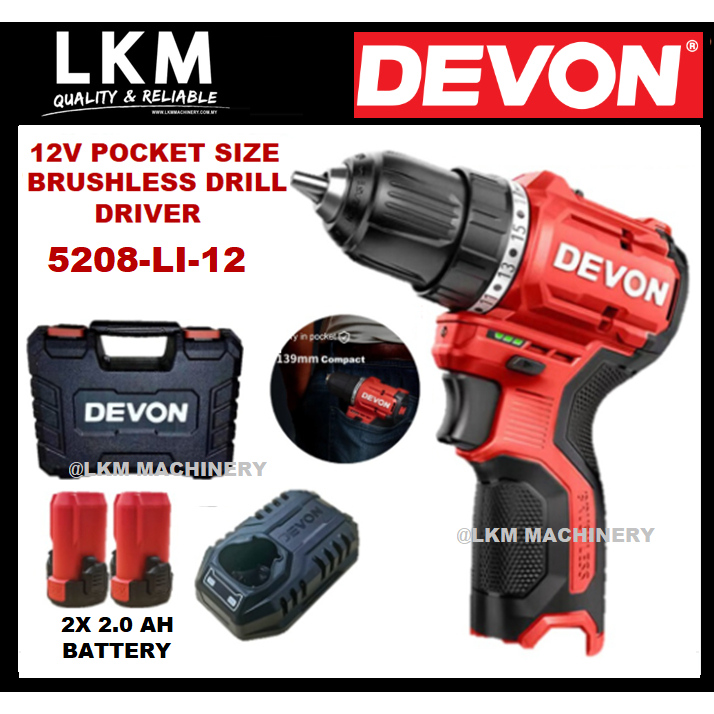 DEVON 12V 50Nm Cordless Drill Driver 5208-Li-12 Dual Speed Brushless ...