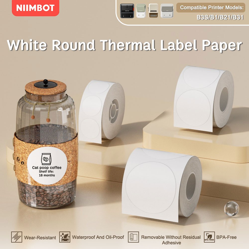 NIIMBOT B21/B3S/B1 White Round Label Paper Heat-sensitive Round Label ...