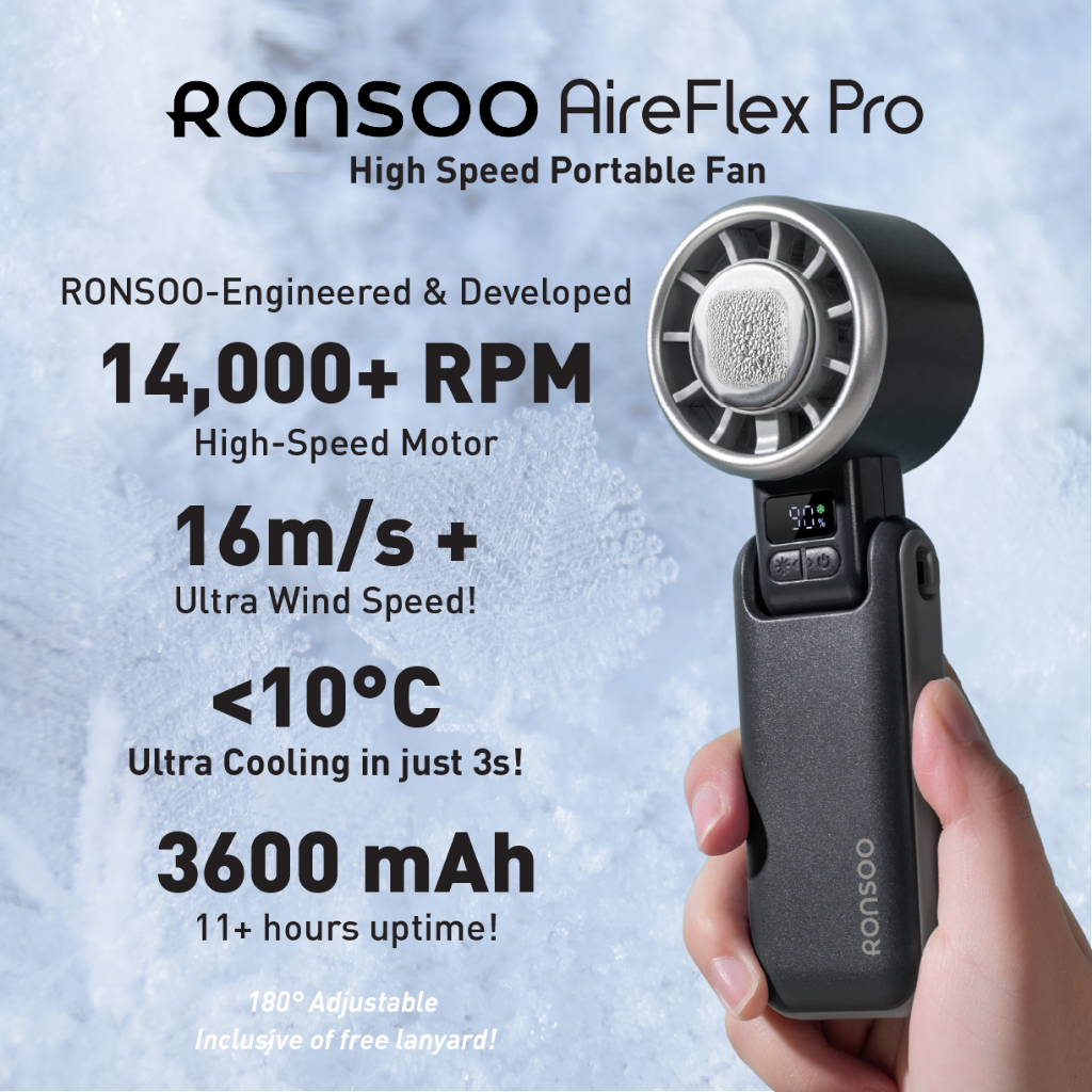 RONSOO AireFlex PRO Cooling Fan High Speed Fan Handheld 180 Foldable ...