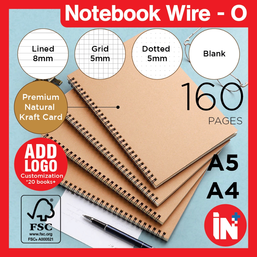 Wire-O Notebook 160 pages Brown Kraft A4 A5 Dot Grid Spiral Notebook ...