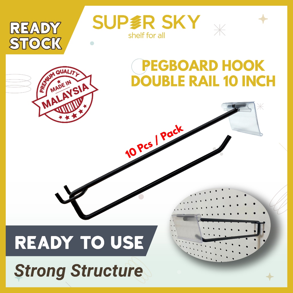 SUPERSKY PEGBOARD HOOK 10 INCH DOUBLE RAIL C/W PRICE TAG HOLDER (10 PCS ...