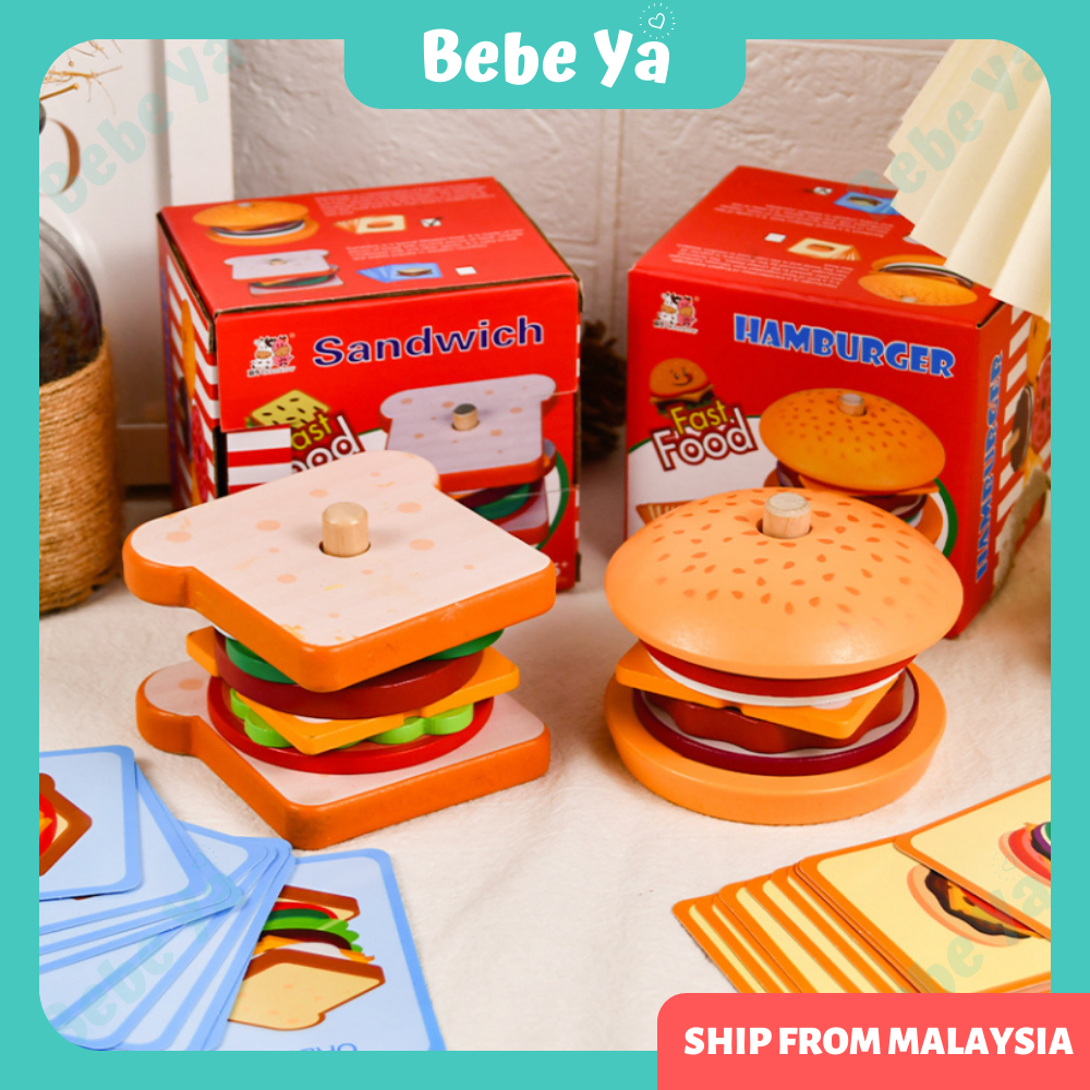Burger Stacking Toys Kids - Sandwich Hamburger Wooden Pretend Play ...