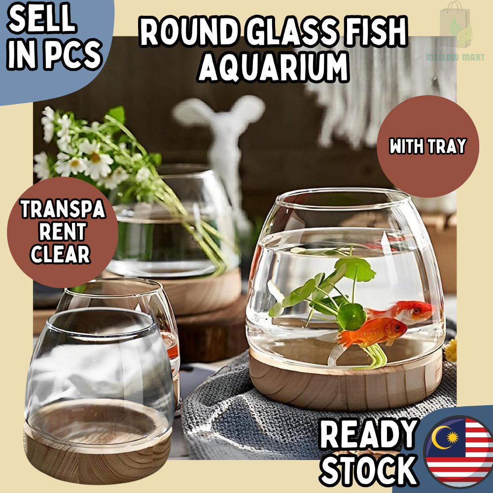 MELLOWMART [GLASS] Transparent Round Clear Glass Fish Aquarium With ...
