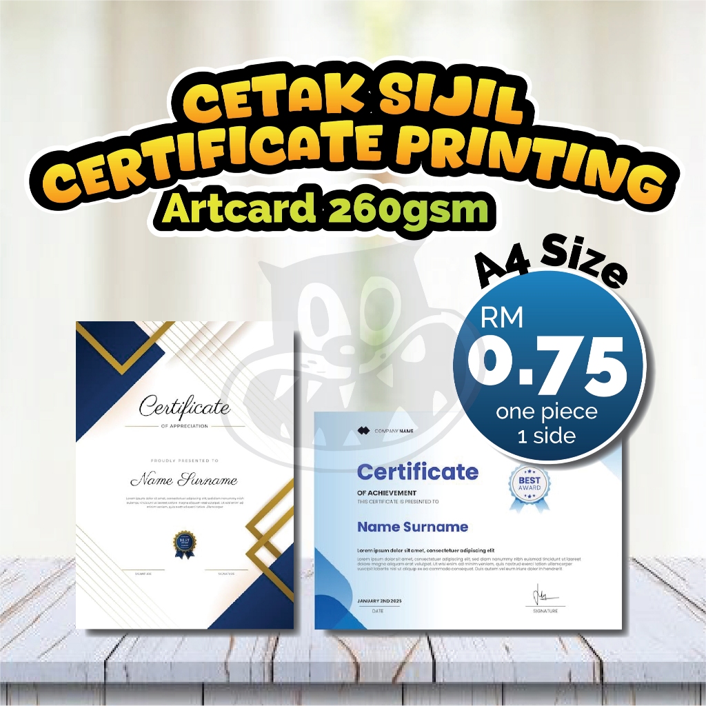 SIJIL | CERTIFICATE PRINTING A4 Size - ARTCARD 260gsm | Shopee Singapore