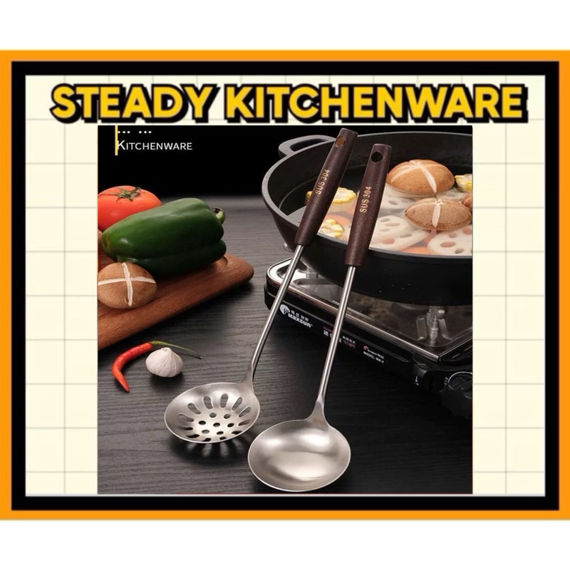 304 Stainless Steel Steamboat Soup Ladle Hole Ladle With Wooden Handle ...
