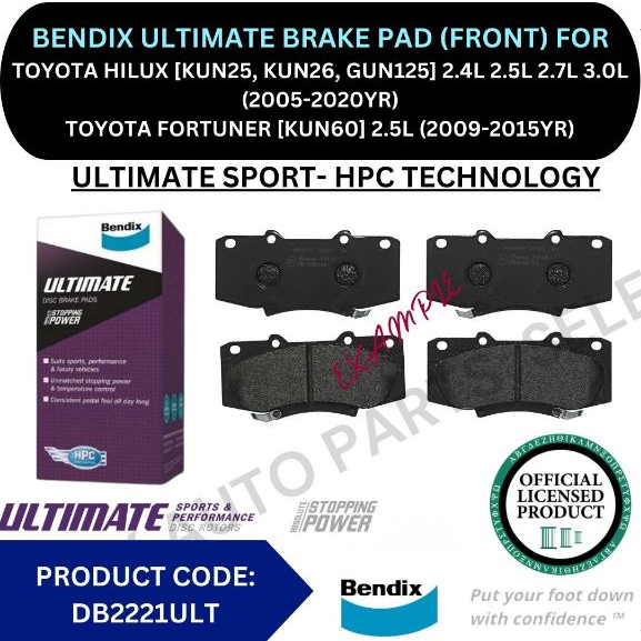 BENDIX ULTIMATE DISC BRAKE PAD (FRONT) FOR TOYOTA HILUX [KUN25, KUN26 ...