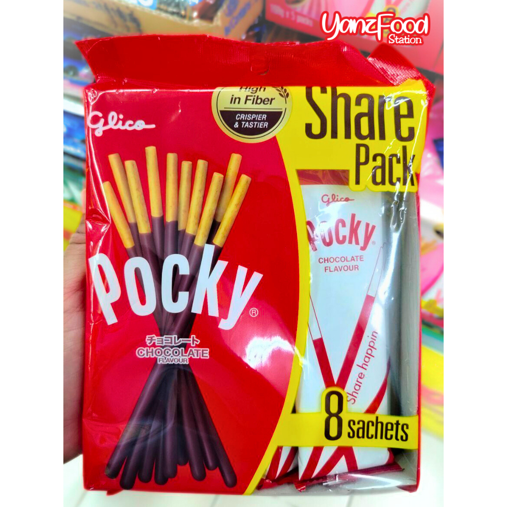 GLICO Pocky Share Pack Chocolate Flavour High in Fiber Crispier & Tastier 8 Sachets x 22g (176g ...