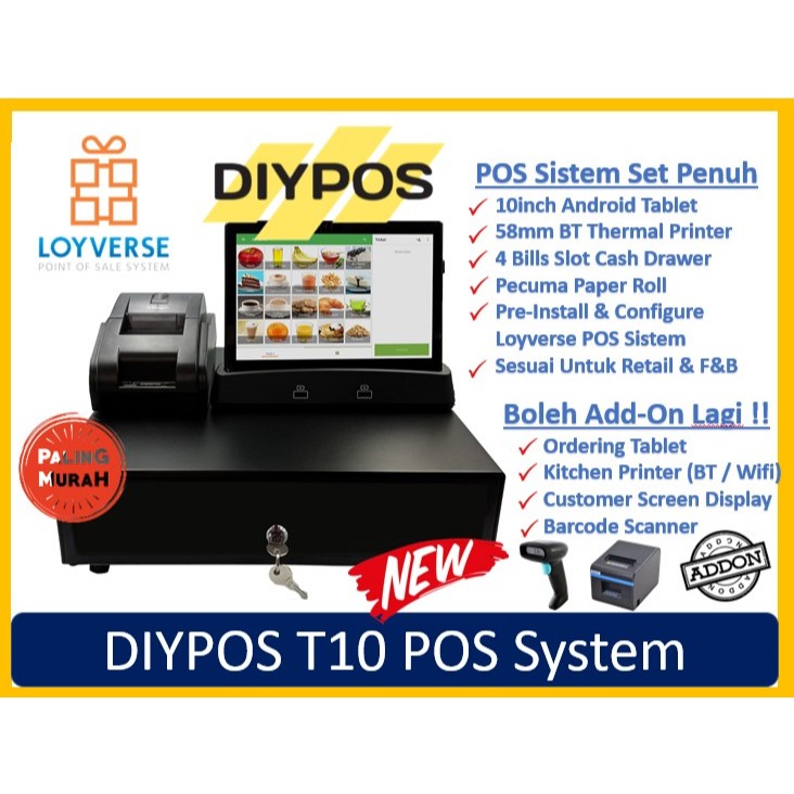 DIYPOS T10 Loyverse Set Penuh POS Sistem Cashier Machine Full Set POS ...