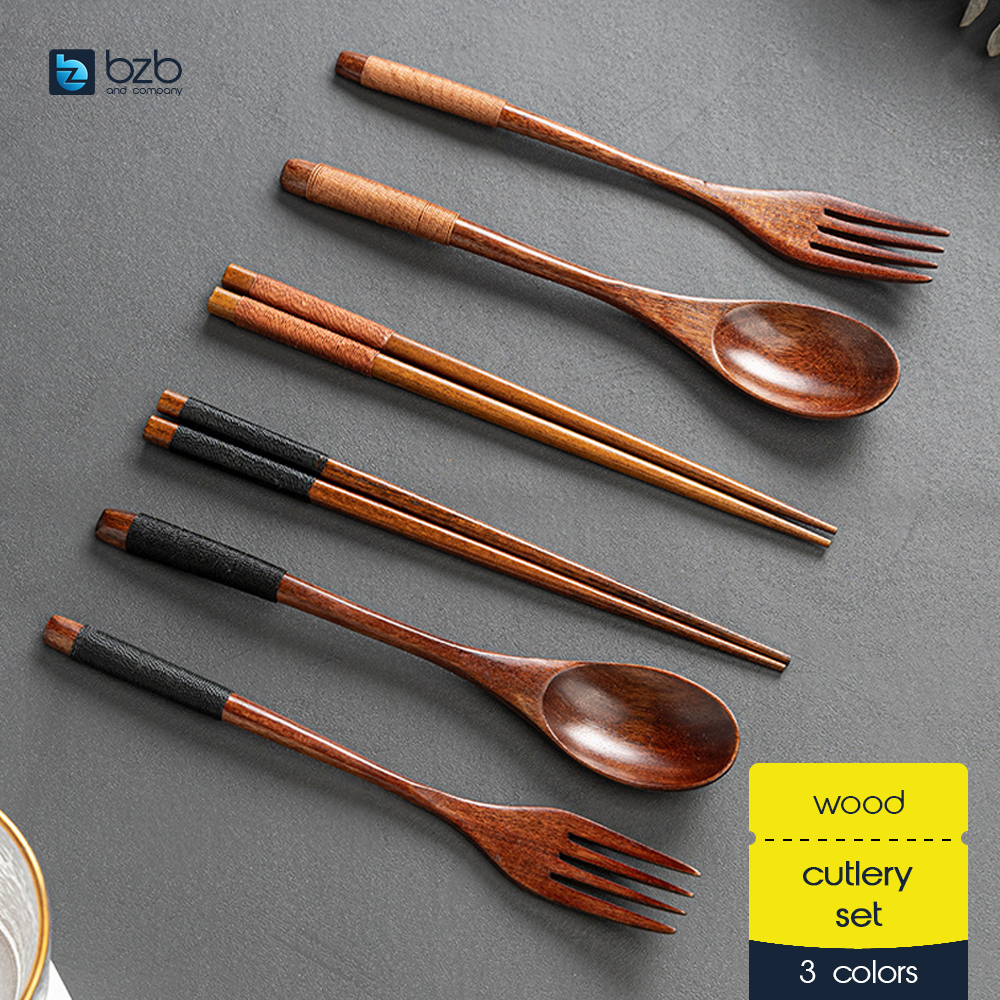 Japanese Style 3 In 1 Wooden Cutlery Set Spoon Fork Chopsticks Wood ...