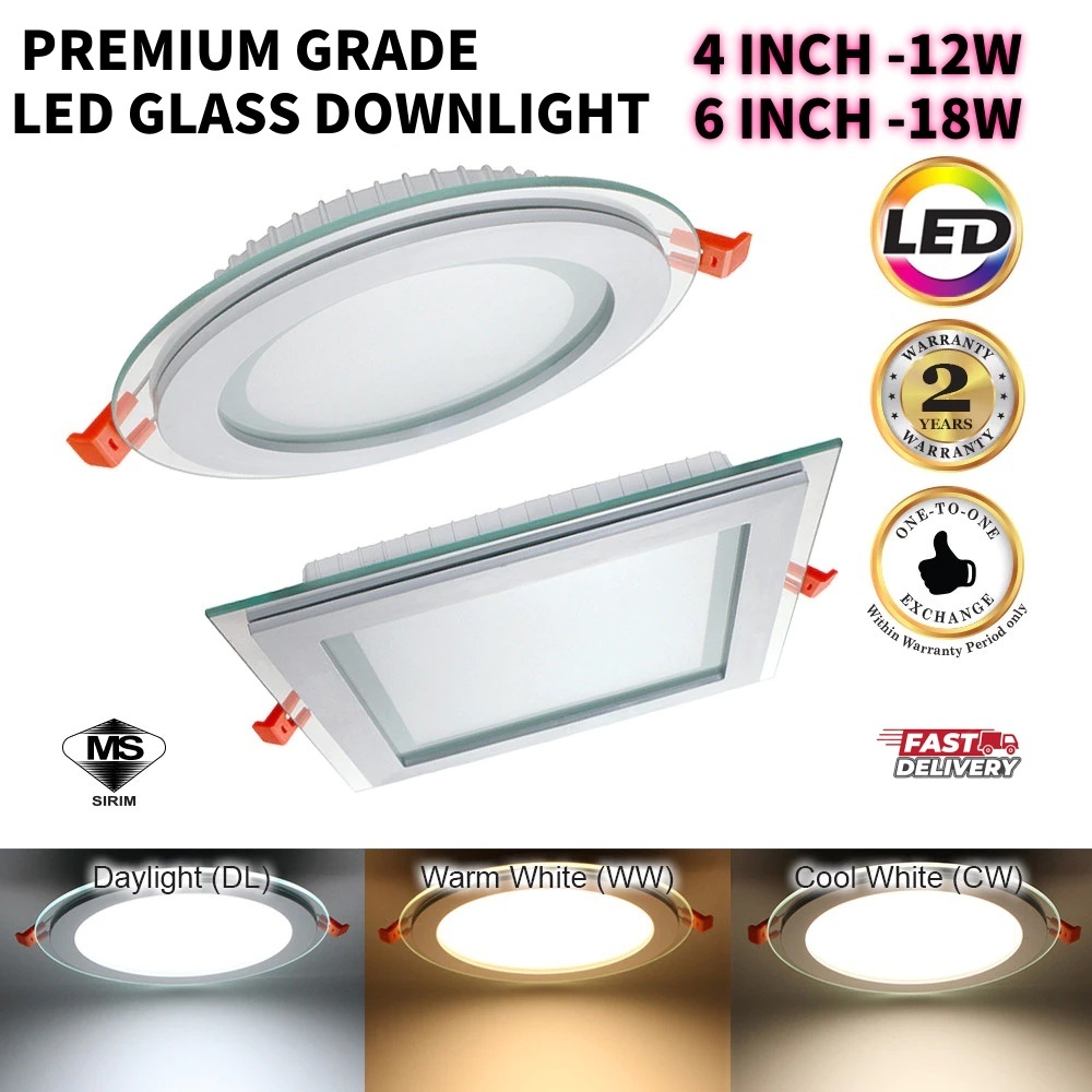 ~~SIRIM (((Glass)))) LED Downlight 12W 18W Round Square Recessed Glass ...