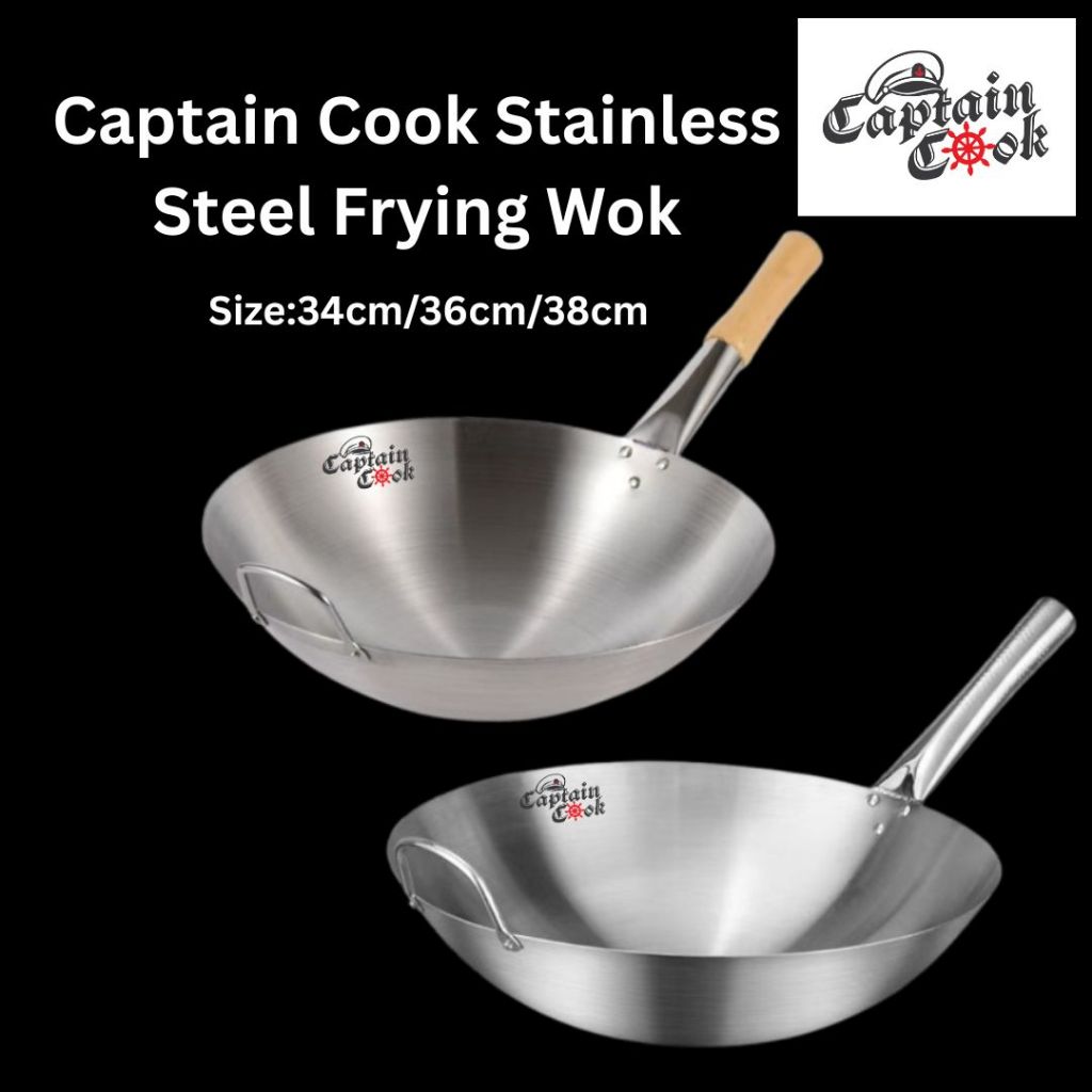 Captain Cook Single Handle Stainless Steel Wok (34,36,38cm)/ Wooden ...